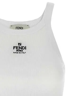 Fendi Ribbed Cotton Tank Top With Embroidered Logo - White