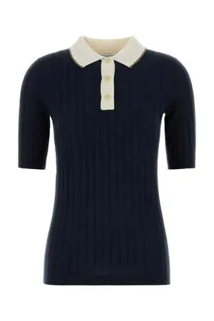 Brunello Cucinelli Navy Ribbed Wool Blend Polo Shirt
