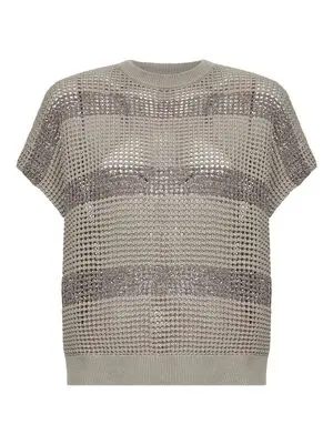Brunello Cucinelli Cotton Net Knit Sweater With Sequins And Metallic Stripes - Multicolor
