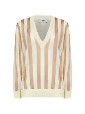 Fendi Beige Pequin Striped V-neck Sweater - Multicolor