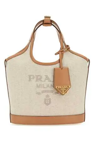 Prada Sand Canvas Handbag With Leather Trim And Golden Metal Finish - Brown