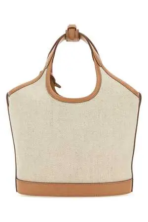 Prada Sand Canvas Handbag With Leather Trim And Golden Metal Finish