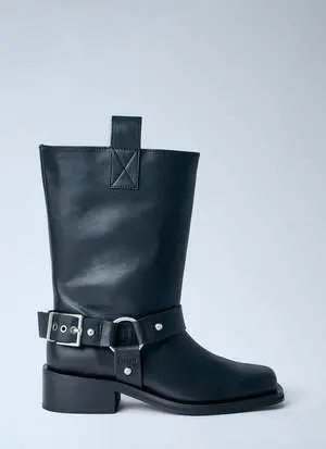 GANNI Mid Shaft Biker Boots With Harness Detail - Black