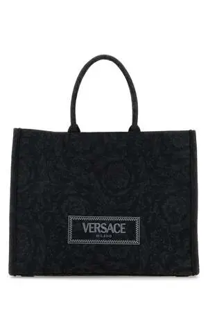Versace Embroidered Fabric Athena Shopping Bag - Black