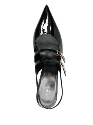 Celine Patent Leather Slingback Pumps With Side Buckle Detail
