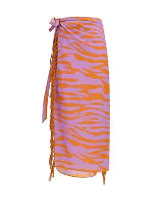 Attico Muslin Pareo With Zebra Print And Fringe - Multicolor