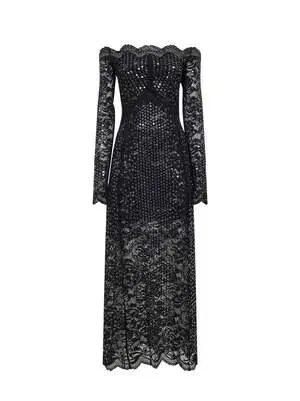 Rabanne Paco Rabanne Black Embroidered-Sequins Stretch Lace Midi Dress Multicolor