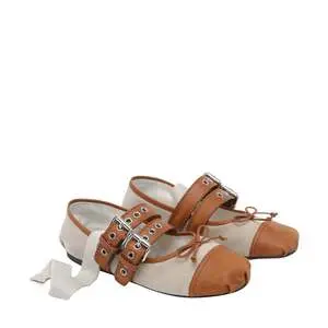 Miu Miu Canvas And Leather Ballet Flats With Buckle And Lace-up Closures - Cream