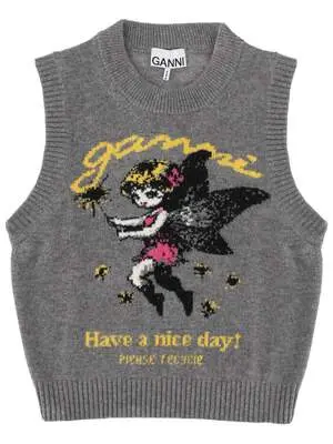GANNI Graphic Wool Blend Vest - Gray