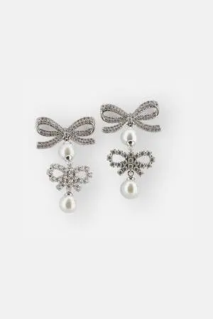 SELF-PORTRAIT Double Bow Pearl And Crystal Dangle Earrings - Multicolor