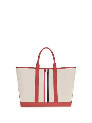 Thom Browne Canvas And Leather Tote Bag With Striped Detail - Red
