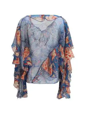 Etro Long-sleeve Silk Shirt With Ruffles And Floral Motif - Multicolor