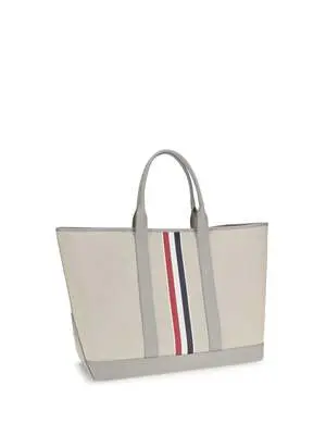 Thom Browne Canvas Tote Bag With Grained Leather - Gray