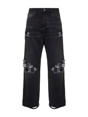 Amiri Black Denim Flannel Repair Baggy Jeans - Multicolor