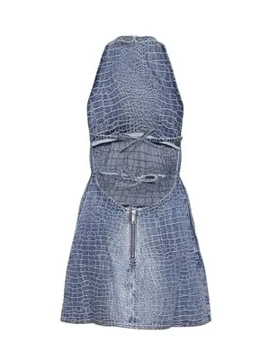 SELF-PORTRAIT Blue Rhinestone Croc-effect Denim Mini Dress - Multicolor