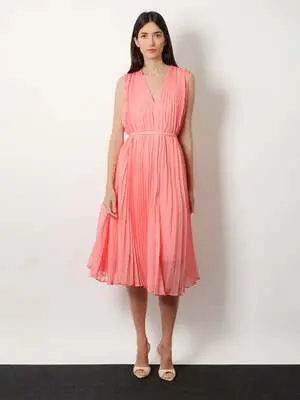 Max Mara Sleeveless V-neck Pleated Midi Dress With Belt - Multicolor