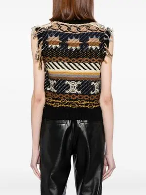 Celine Cashmere Jacquard Vest With Fringe Detail