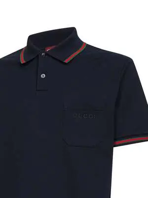 Gucci Dark Blue Stretch Cotton Pique Embroidered Polo Shirt - Multicolor