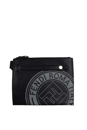 Fendi Grained Calf Leather Clutch With Logo Print - Black