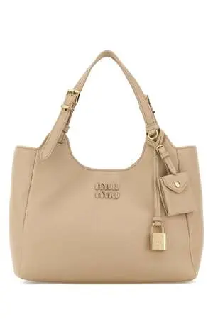 Miu Miu Sand Leather Shoulder Bag With Golden Metal Hardware