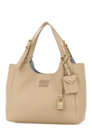Miu Miu Sand Leather Shoulder Bag With Golden Metal Hardware