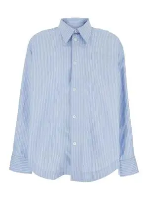 AMI Paris Light Blue Shirt With Classic Collar And Stripe Motif In Cotton - Multicolor