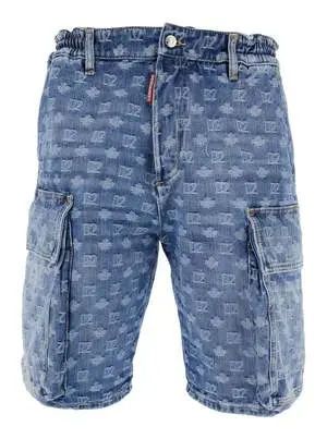 Dsquared2 Denim Bermuda Shorts With All-over Monogram And Cargo Pockets - Multicolor