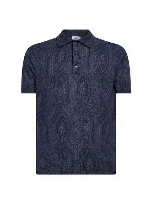 Etro Blue Paisley-pattern Cotton-silk Blend Knit Polo Shirt - Multicolor