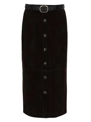 SELF-PORTRAIT Suede Midi Skirt - Brown