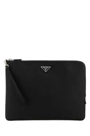 Prada Leather Clutch With Silver Metal Finishing - Black