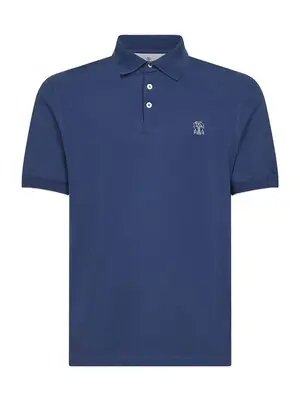 Brunello Cucinelli Avio Blue Cotton Pique Logo Polo Shirt