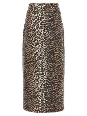 GANNI Leopard Print Cotton Denim Long Skirt - Brown