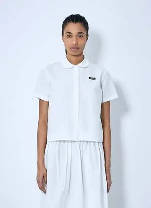Miu Miu Cotton Linen Short Sleeve Shirt With Lace Trim - White