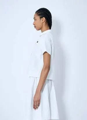 Miu Miu Cotton Linen Short Sleeve Shirt With Lace Trim - White