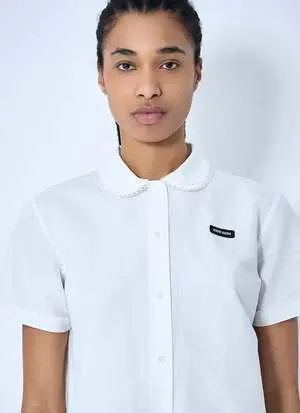 Miu Miu Cotton Linen Short Sleeve Shirt With Lace Trim - White