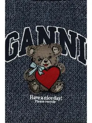 GANNI Medium Denim Tote Bag With Bear Motif - Blue