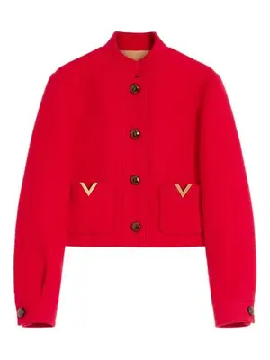 Valentino Garavani Cropped Peacoat In Drill Double With Gold V Detail