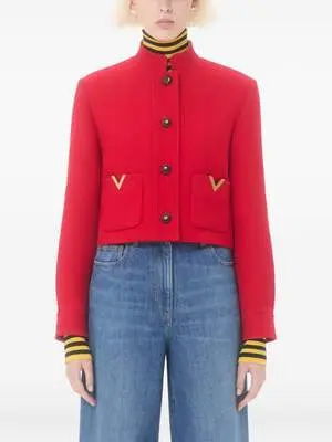 Valentino Garavani Cropped Peacoat In Drill Double With Gold V Detail