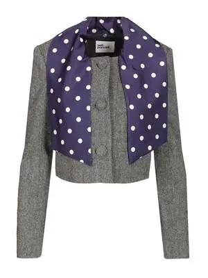 SELF-PORTRAIT Wool Blend Herringbone Cropped Jacket With Polka Dot Scarf Detail - Gray