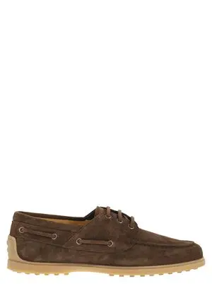 TOD'S Suede Calfskin Boat Shoe With Embossed Monogram - Brown