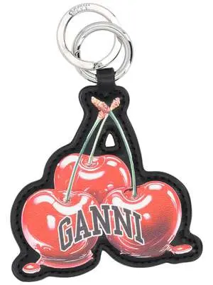 GANNI Leather Keychain With Cherry Motif - Black