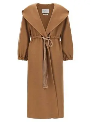 Max Mara Natalin' Camel Wool Coat With Shawl Collar And Drawstring - Brown