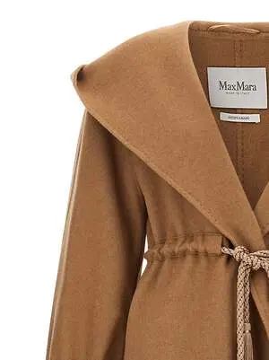 Max Mara Natalin' Camel Wool Coat With Shawl Collar And Drawstring - Brown