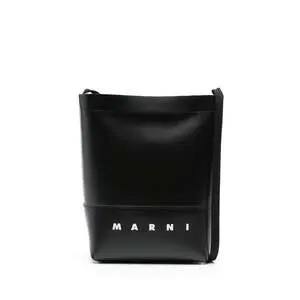 Marni Faux Leather Grained Texture Logo Print Satchel Bag - Black