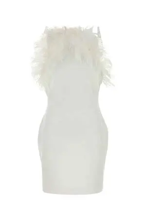 Attico Stretch Cady Mini Dress With Ostrich Feather Embellishment - White