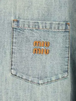 Miu Miu Long-sleeved Chambray Denim Shirt With Embroidered Logo - Blue