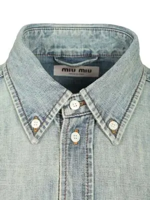 Miu Miu Long-sleeved Chambray Denim Shirt With Embroidered Logo - Blue