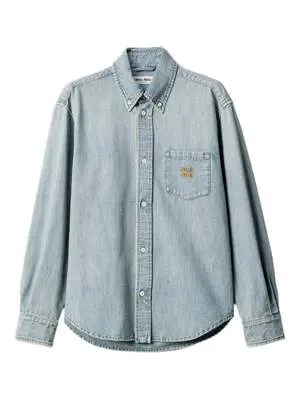 Miu Miu Long-sleeved Chambray Denim Shirt With Embroidered Logo - Blue