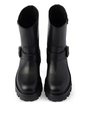 Prada Black Leather Buckled Lug Sole Boots