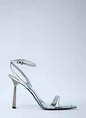 Prada Leather Stiletto Heeled Sandals With Side Buckle - Silver